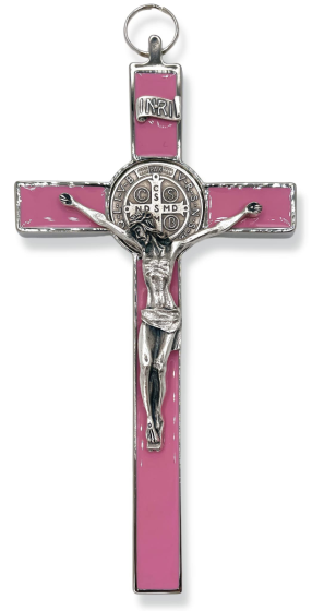 Buy St Benedict Metal Wall Crucifix, Pink Enamel, 8in | Gifts Catholic